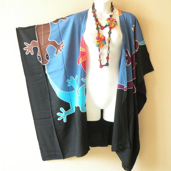 Sweaters | Cb41 Gecko Batik Hand Painted Duster Cover Up Open Front ...